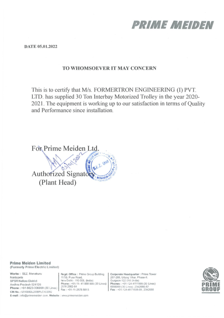 Performance Certificates - FORMERTRON Engineering Pvt. Ltd